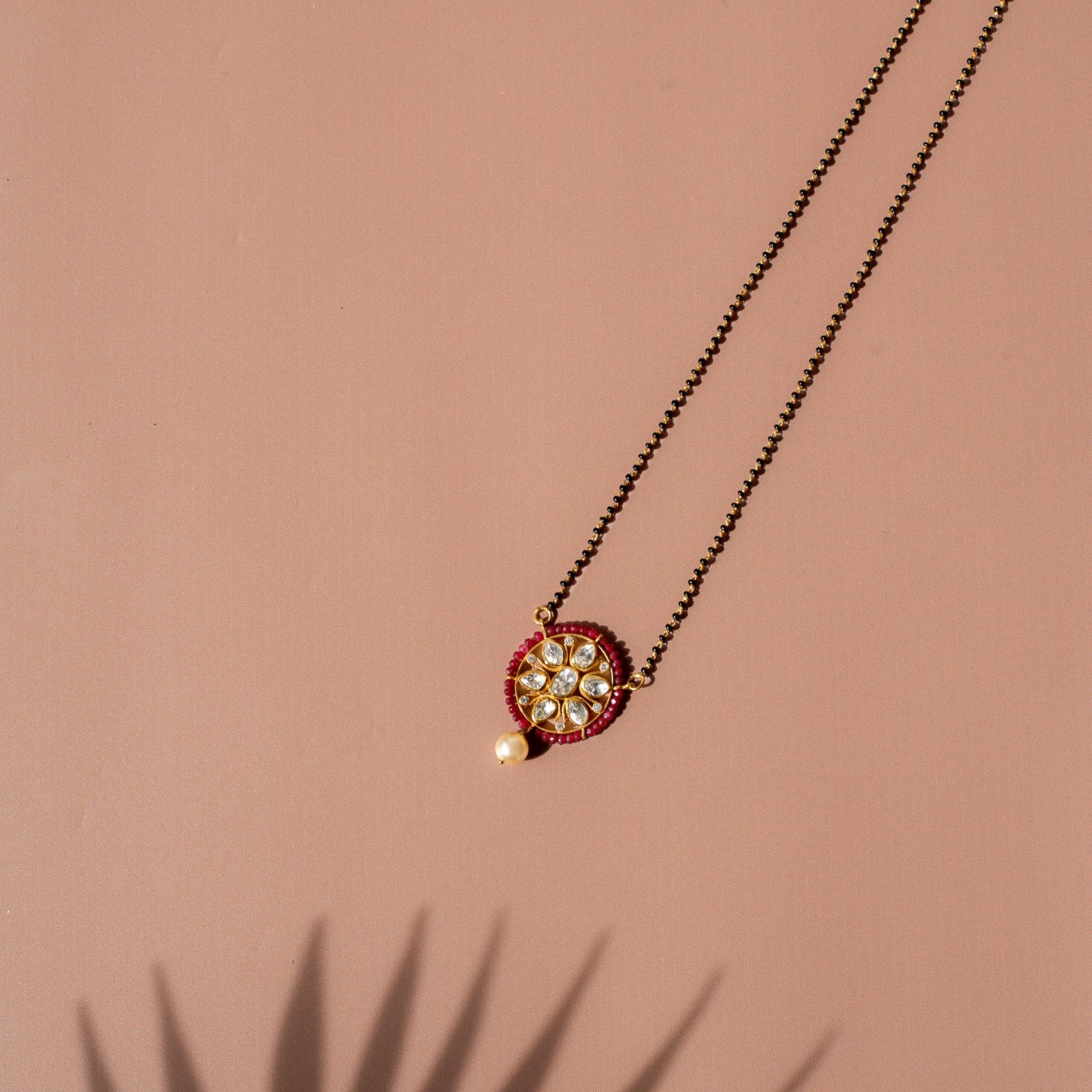 Traditional Kiku Mangalsutra Silver Red Beads Polki Pearl